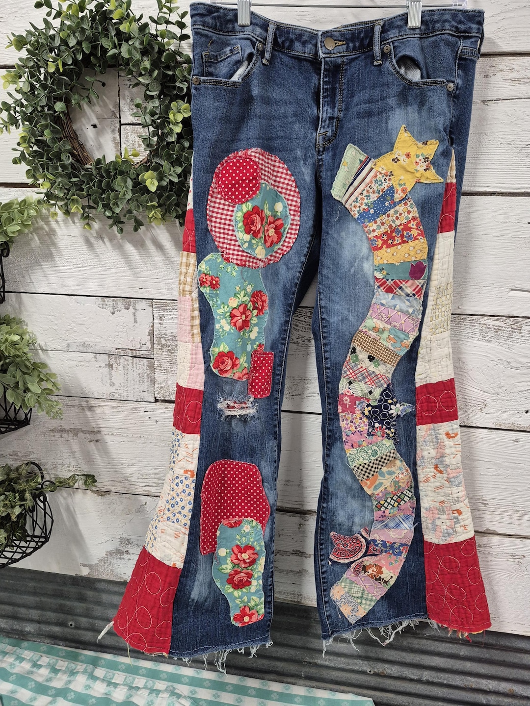 Upcycled Vintage Quilt Panel Barrel Leg Art Jeans Massimo Mid Rise 10R ...
