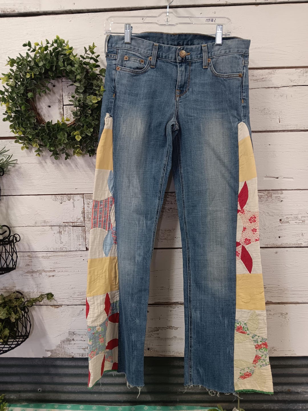 Upcycled Vintage Quilt Panel Barrel Leg Jeans Matchstick Size 27R - Etsy