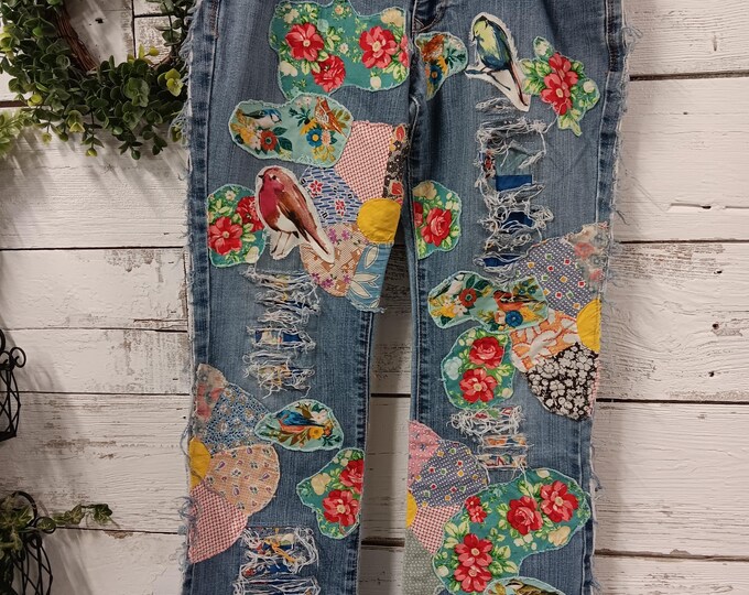Upcycle Birds and Blossoms Womens/junior Jeans Size 8 Old Navy Diva ...
