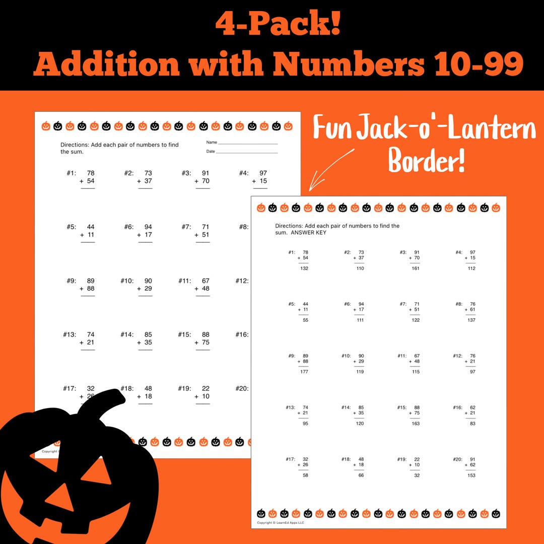 SET of 4 Math Worksheets: Double-digit Addition With Numbers From 10-99 ...