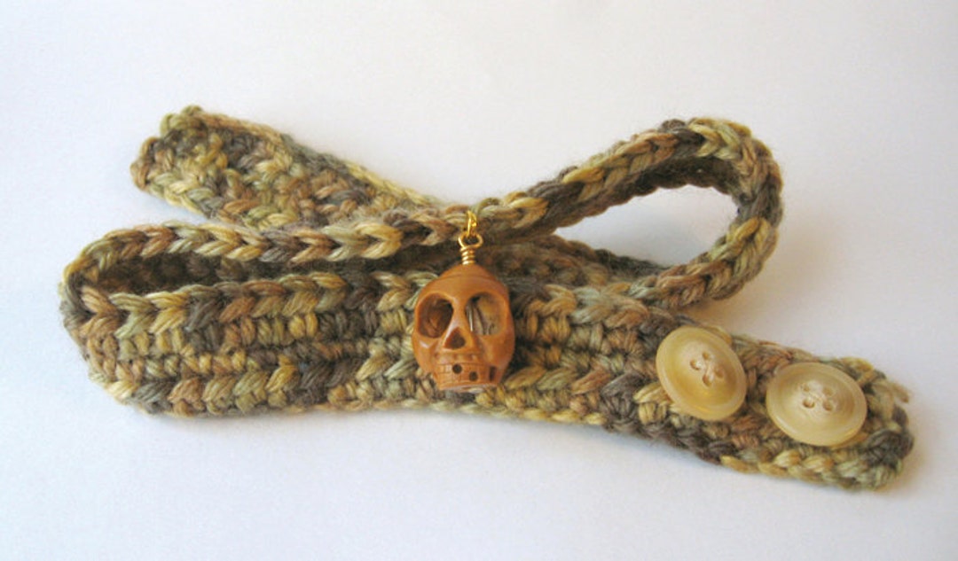 Merino Wool Crocheted Choker With Skull Carved Spanish Olive Pit Unisex ...