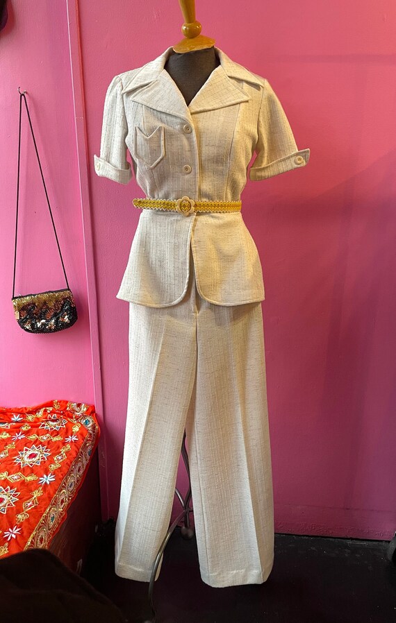 Vintage 1970s Matching Top and Pants Set / 70s White … - Gem