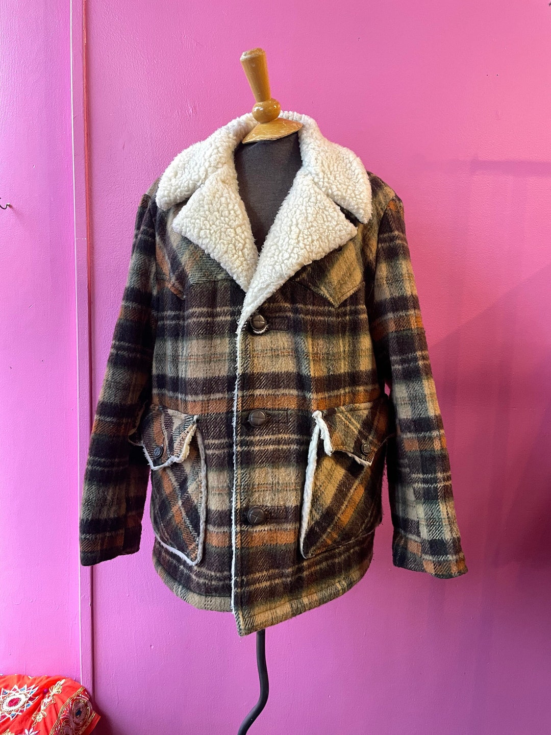 Vintage 1970s Coat / 70s Plaid Shearling Wool Jacket / 70s - Etsy