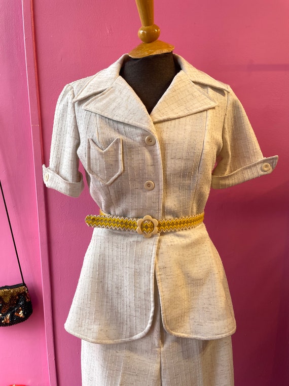 Vintage 1970s Matching Top and Pants Set / 70s White … - Gem