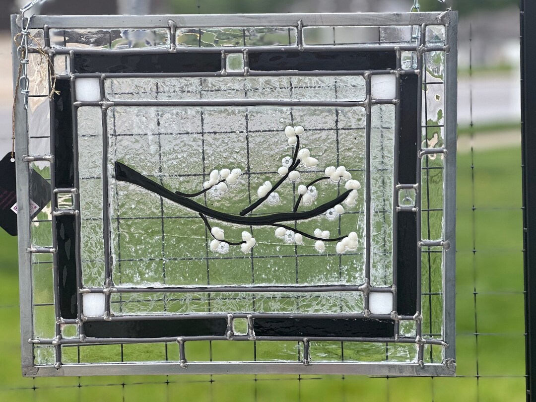 Custom Made Black and White Dogwood Branch Stained Glass Window Panel ...