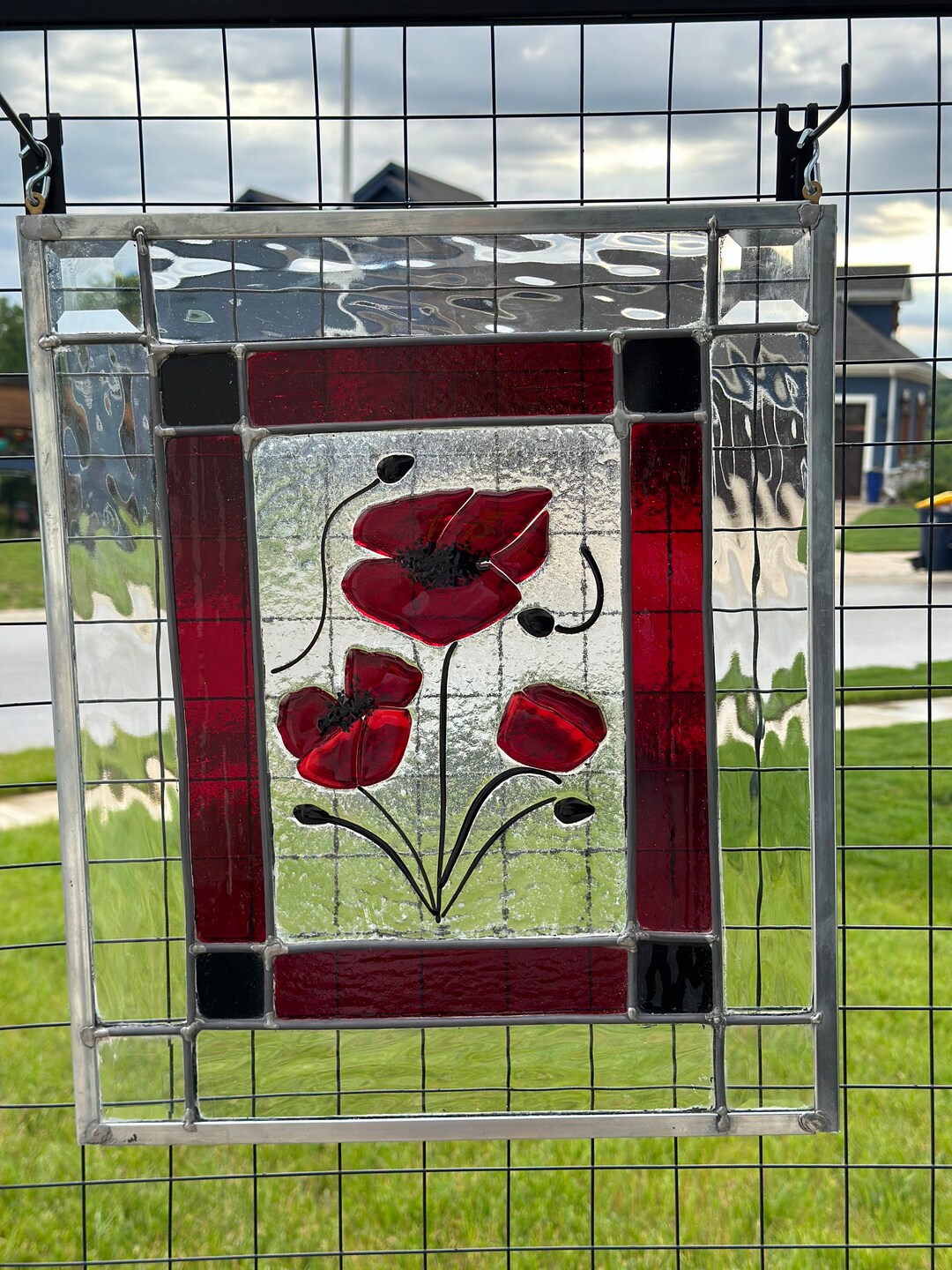 Custom Made Red Poppy Stained Glass Window Panel Fused Glass Window ...