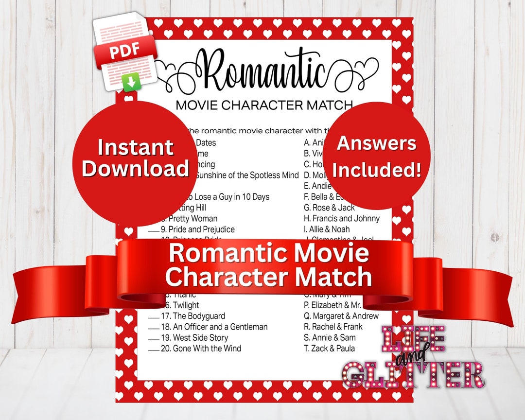 Romantic Movie Character Match Game: Valentine's Day Party (digital ...