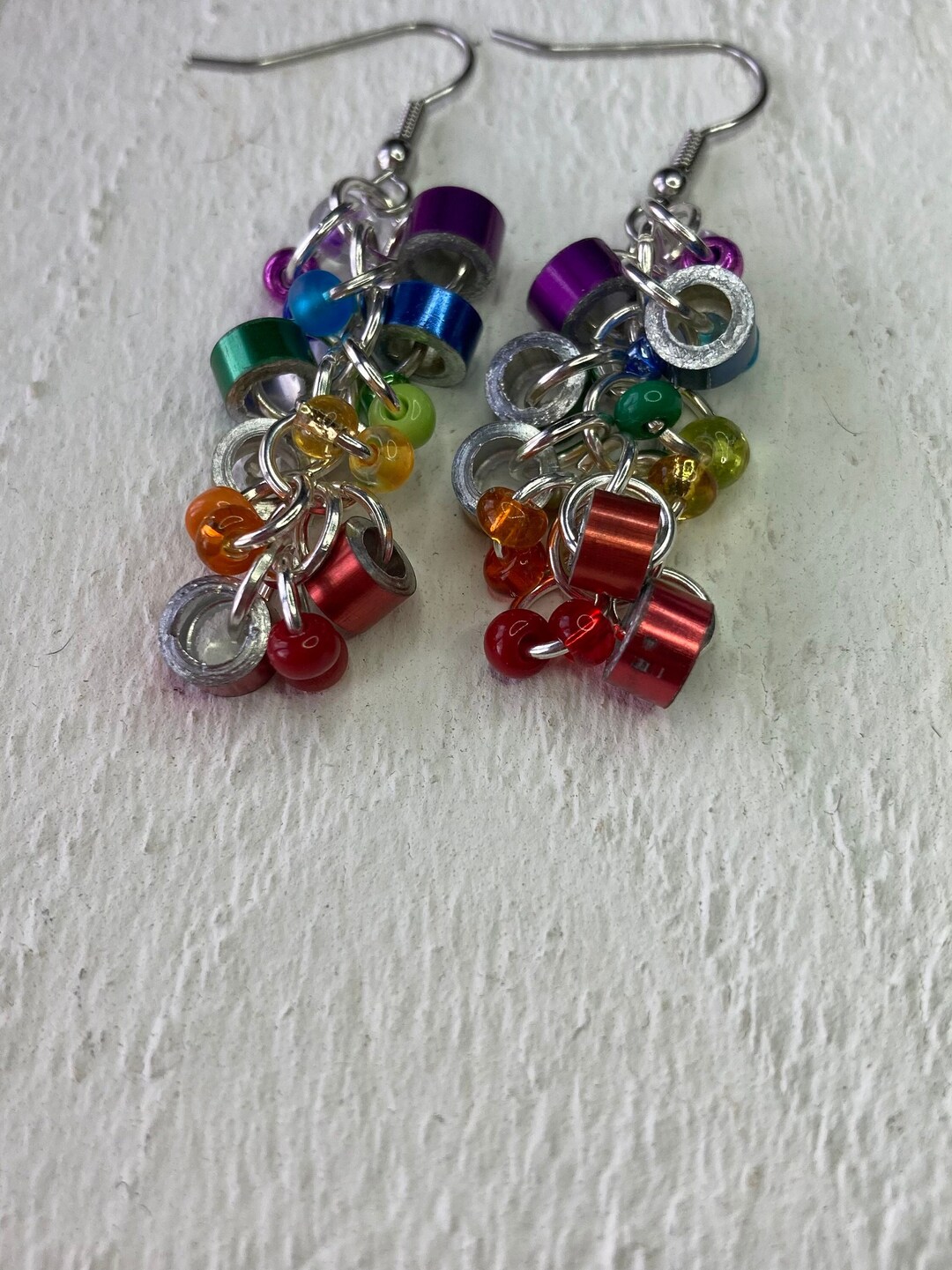 Earrings- Recycled Knitting Needle & Glass Beads, Rainbow "not so Simple" - Etsy