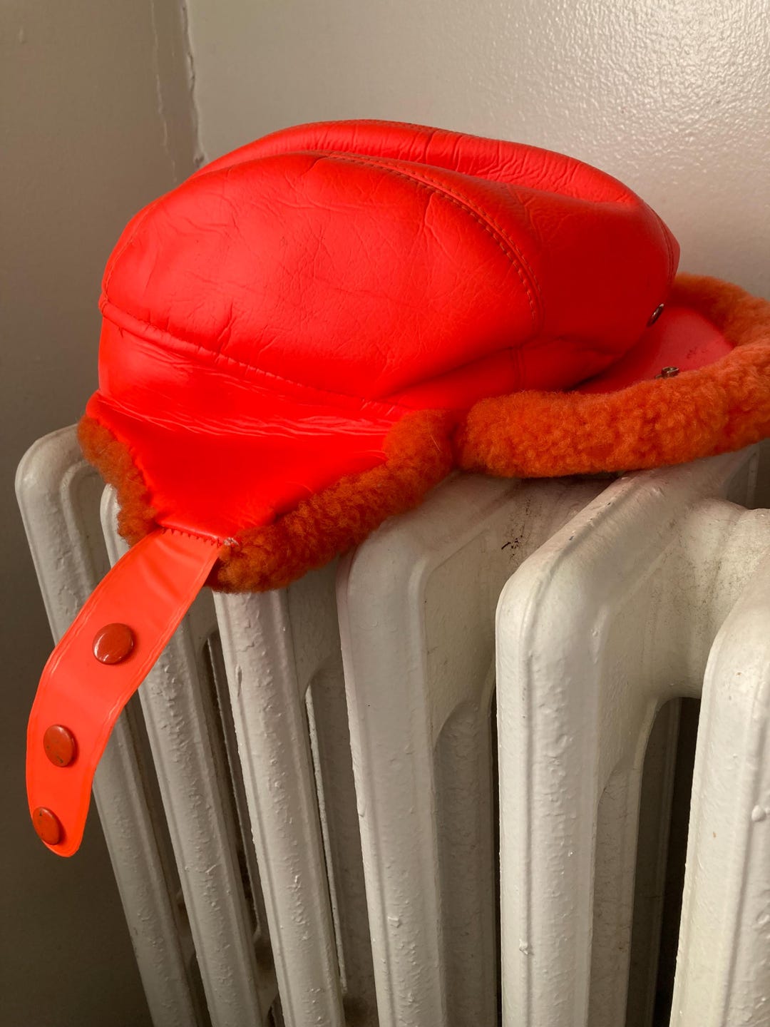 Vintage Retro Bright Orange Winter Hat With Ear Covers Chin Strap ...