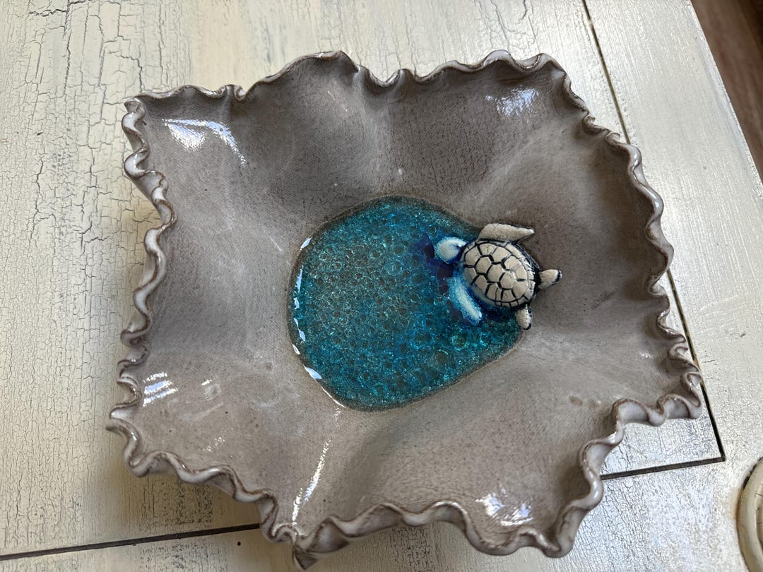 Handmade Ceramic Pottery White Bowl With Turtle in Blue Glass Water - Etsy