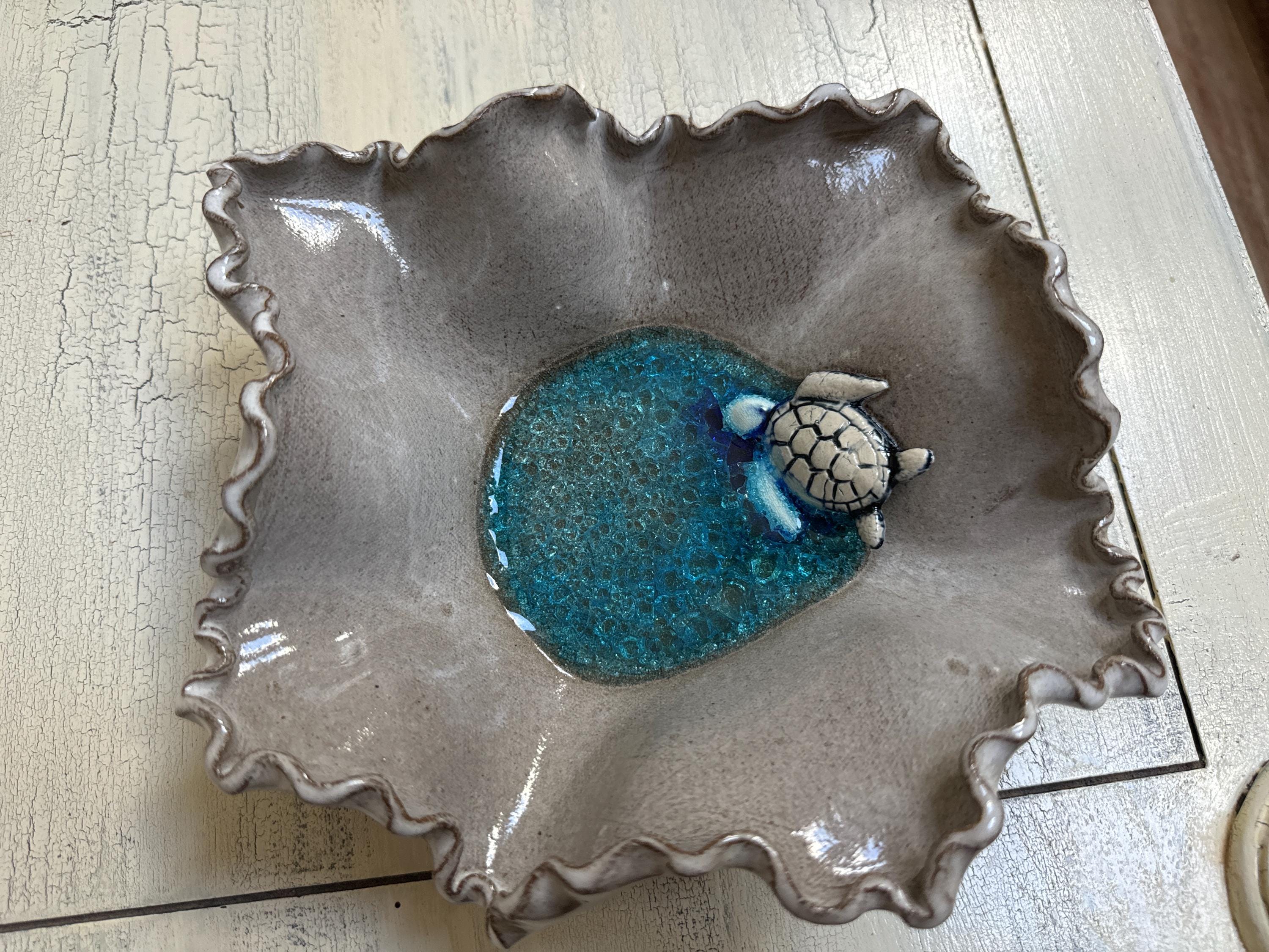 Handmade Ceramic Pottery White Bowl With Turtle in Blue Glass Water - Etsy