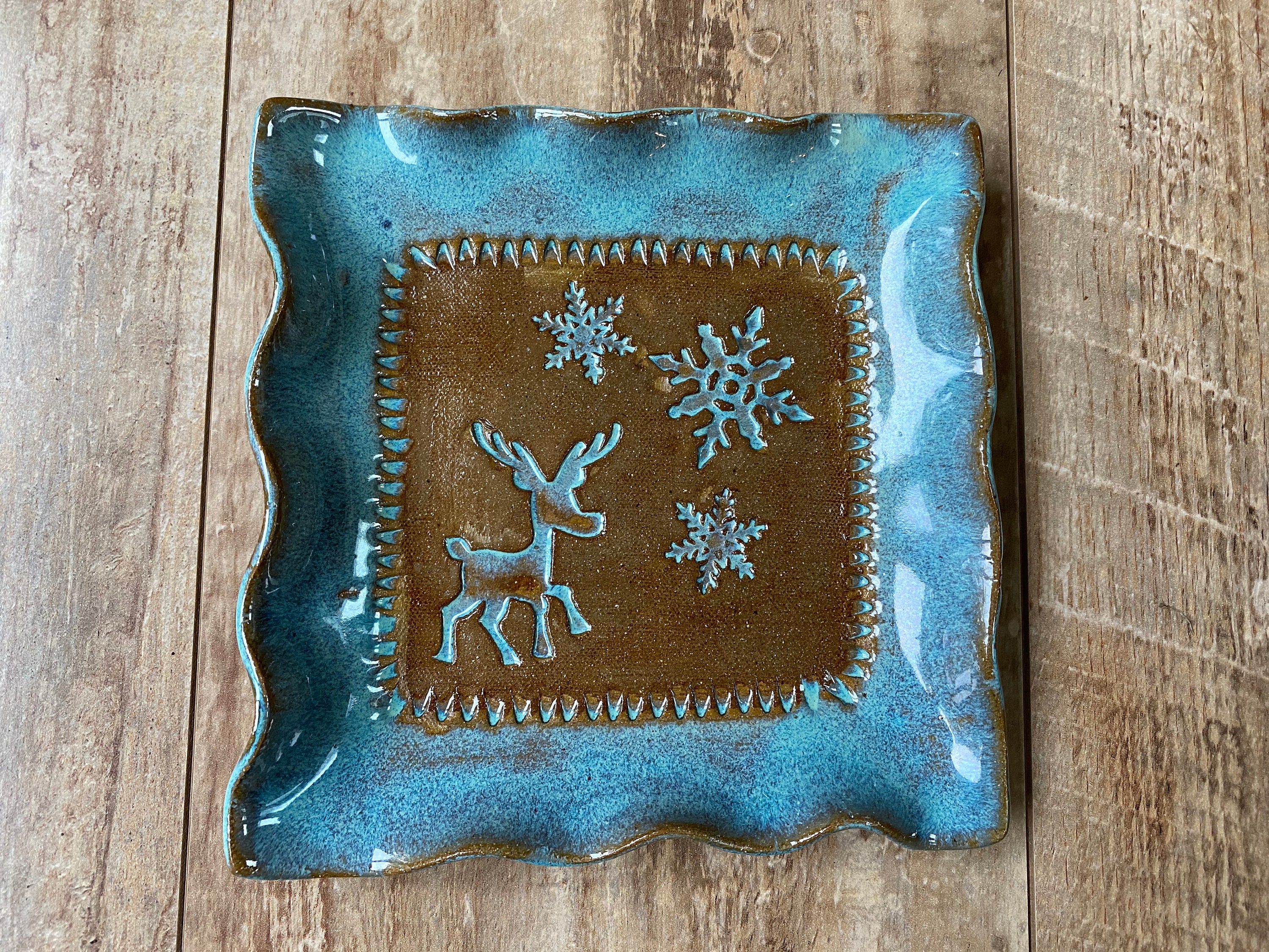Handmade Pottery Ceramic Square Turquoise Tray With Reindeer and ...