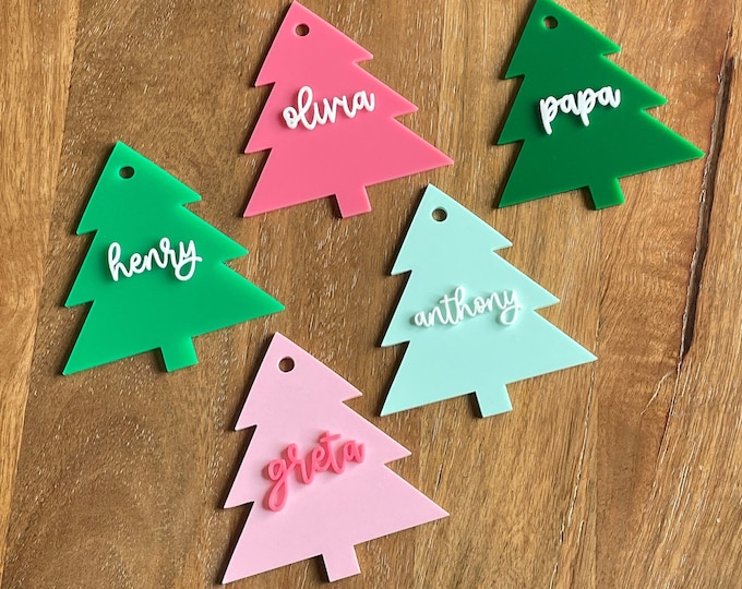 Christmas Tree Name Tags | Acrylic 3D Layered Gift Tags, Stocking Tags ...