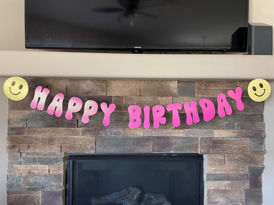 Happy Birthday Banner, Groovy Font Banner, Happy Face Decorations ...