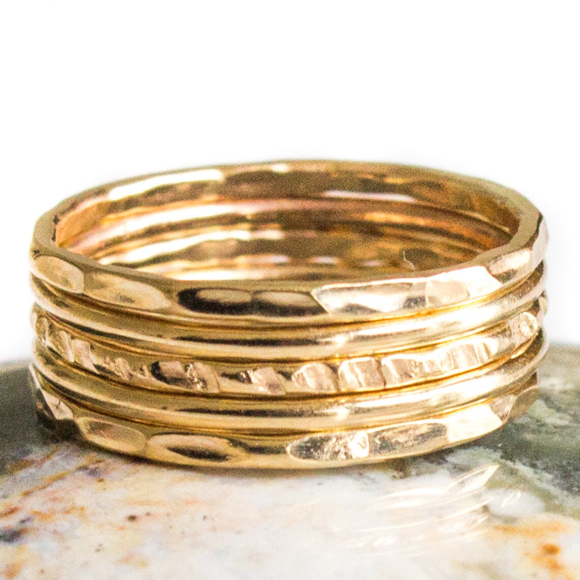 5 Gold Rings Polished Hammered Thin Stack Ring Set - Etsy