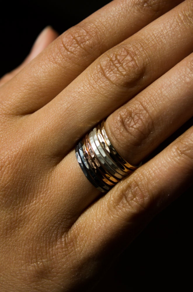 Hammered Mixed Metal Ring Set Rose Gold Ring Set Stacking Ring | Etsy