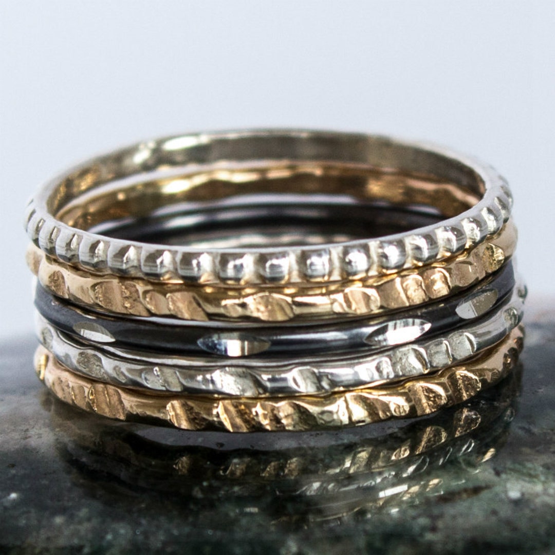 Mixed Metal Ring Set Hammered Ring Set 5 Textured Ring Stackable Ring ...