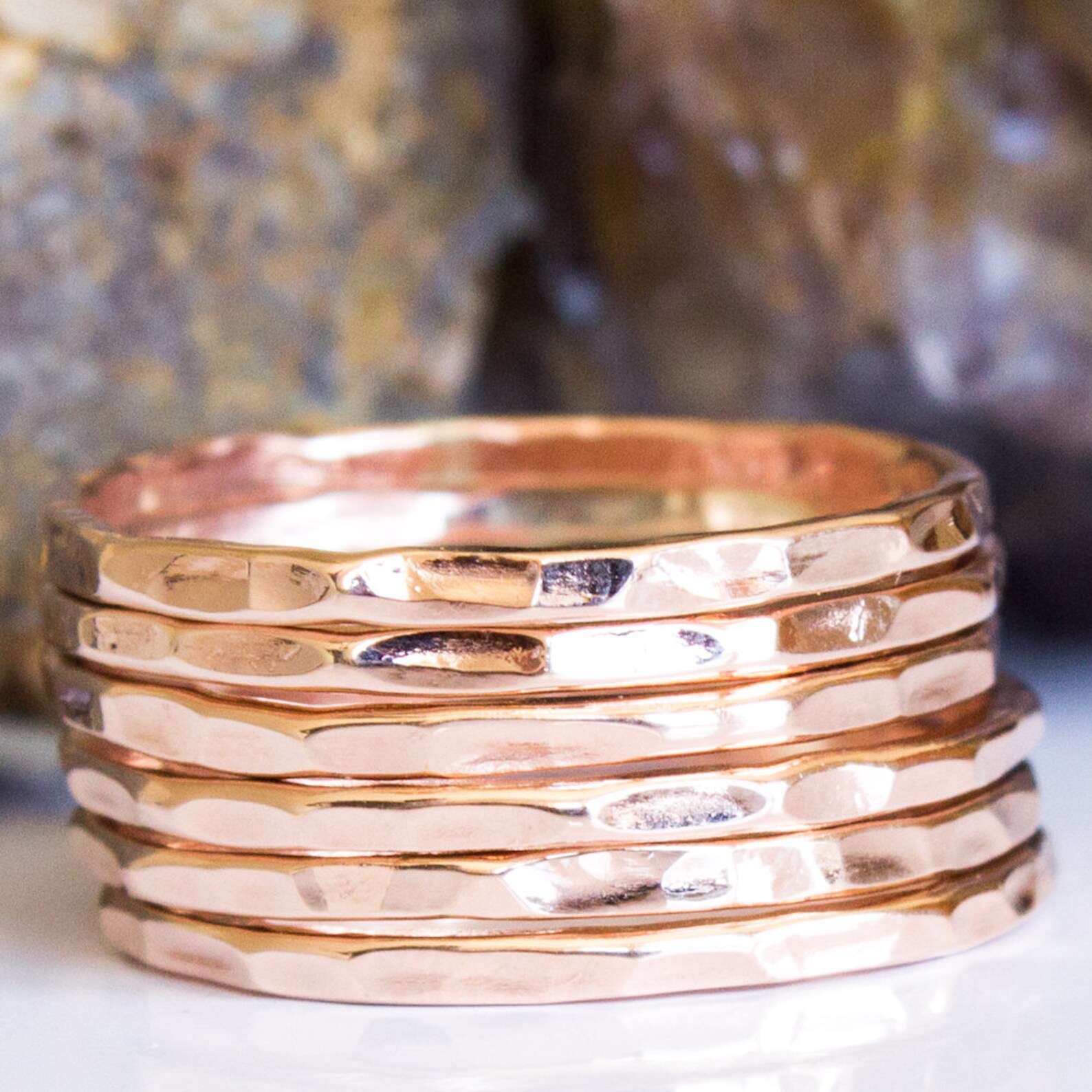 Solid 14k Hammered Rose Gold Stack Ring Sz 9 Thru 12 | Etsy