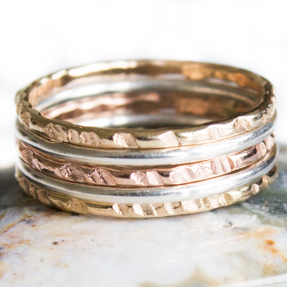 Tri Color Stack Rings 5 Band Stacking Ring Set Hammered Yellow - Etsy