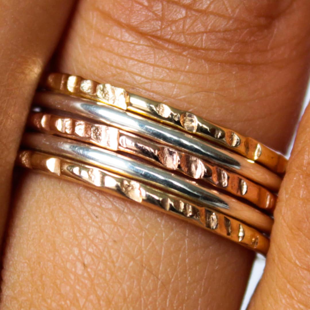 Tri Color Stack Rings 5 Band Stacking Ring Set Hammered Yellow Gold ...