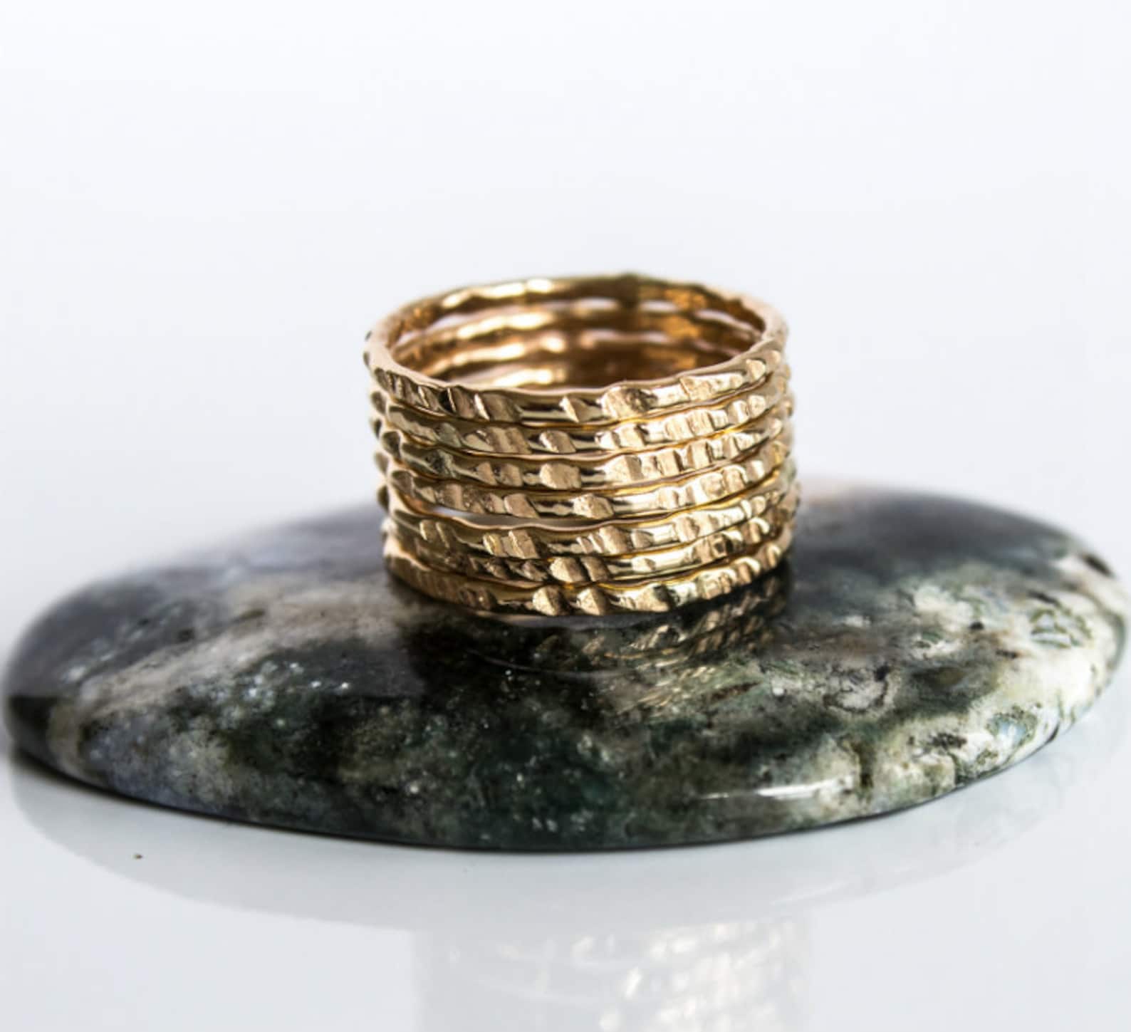 Stack Ring Gold Coin Edge Hammered 7 Band Set | Etsy