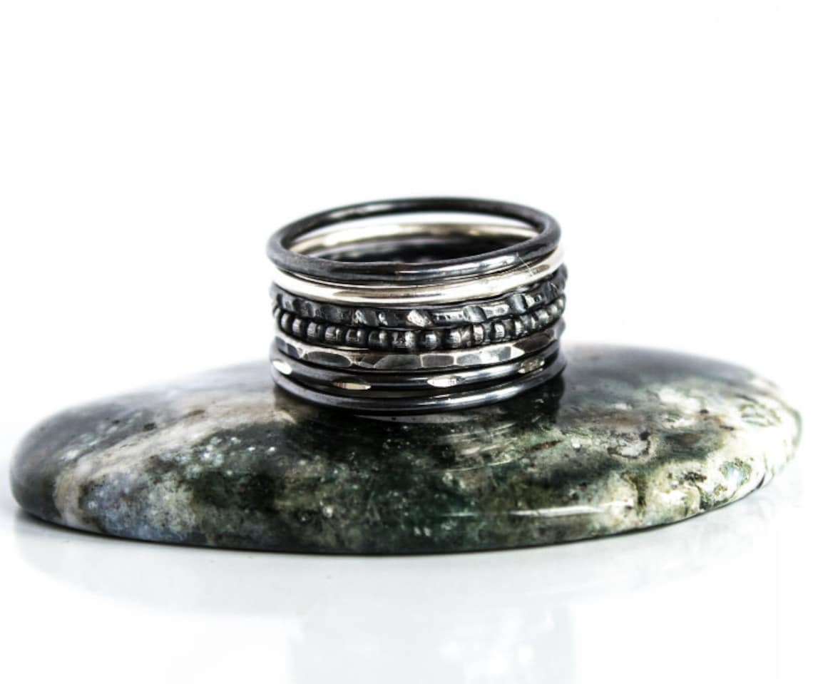 Blackened Silver Stack Ring Set Stackable Black Ring Set 7 - Etsy