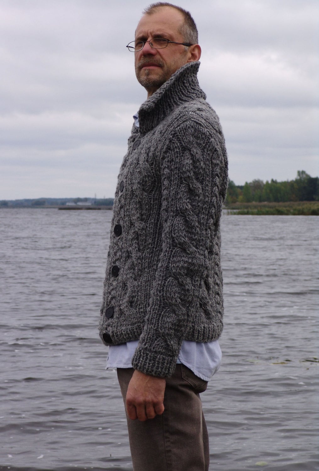 Man Jacket Gray Wool Knitted With Buttons Winter Sweater Cardigan ...
