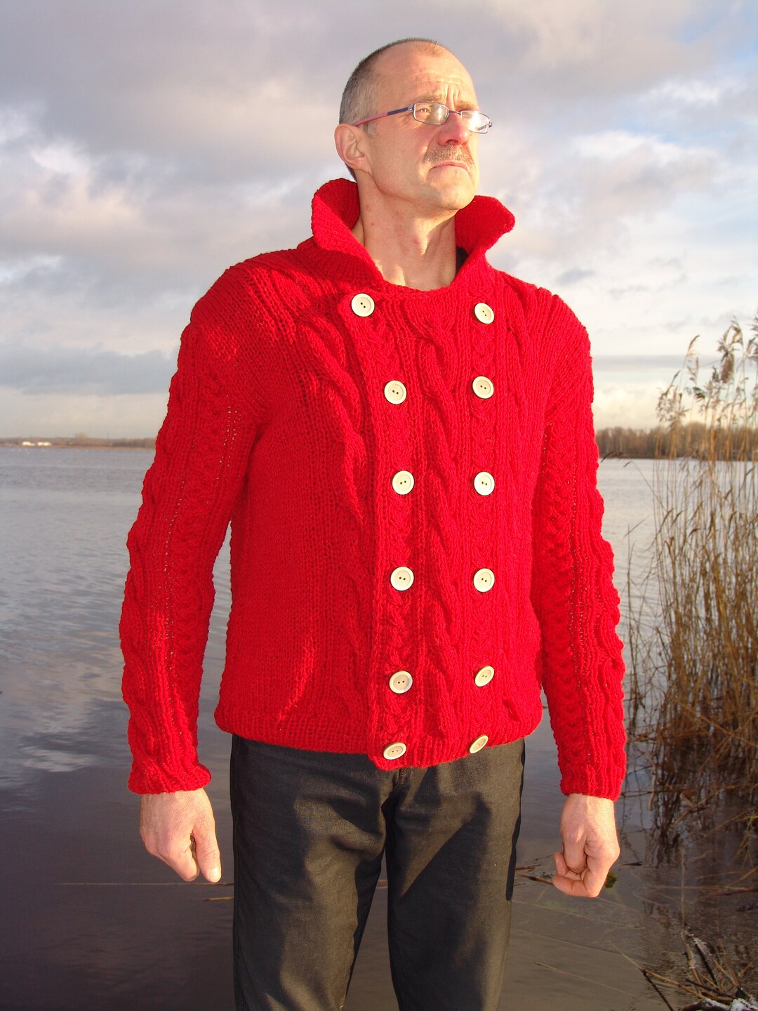Man Jacket Red Wool Knitted With Buttons Winter Sweater Cardigan - Etsy