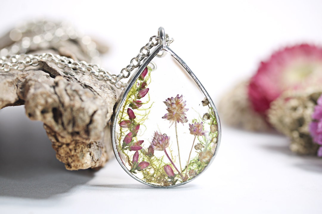 Pink Clover Heather Necklace Dried Flower Moss Herbarium Botanical ...