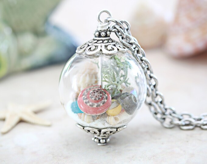 Seaside Shell Terrarium Beach Orb Necklace Glass Sphere Gift Glow in ...