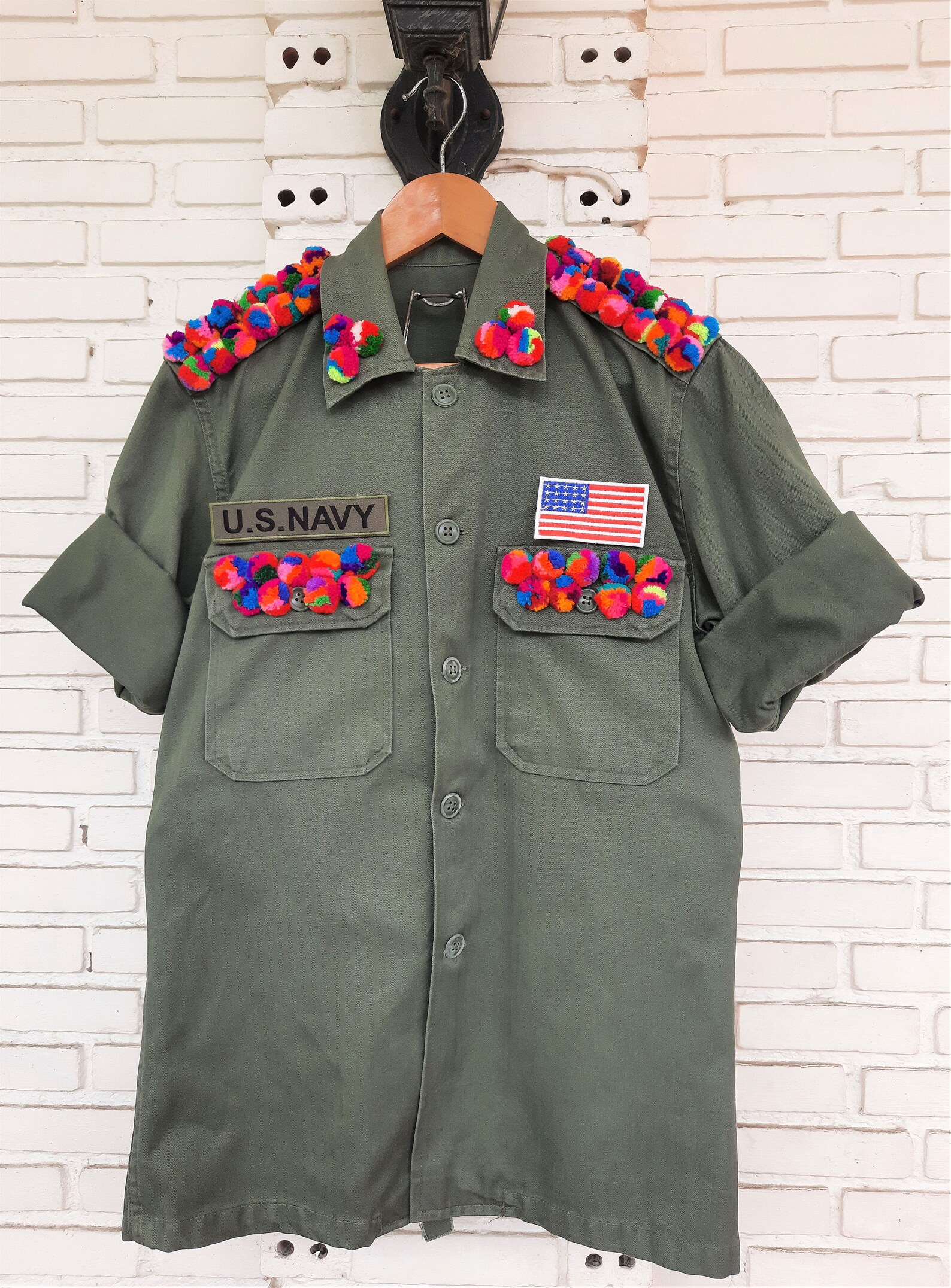 Upcycled Military Jacket With Pom-poms: Reworked Vintage Fashion, Size ...