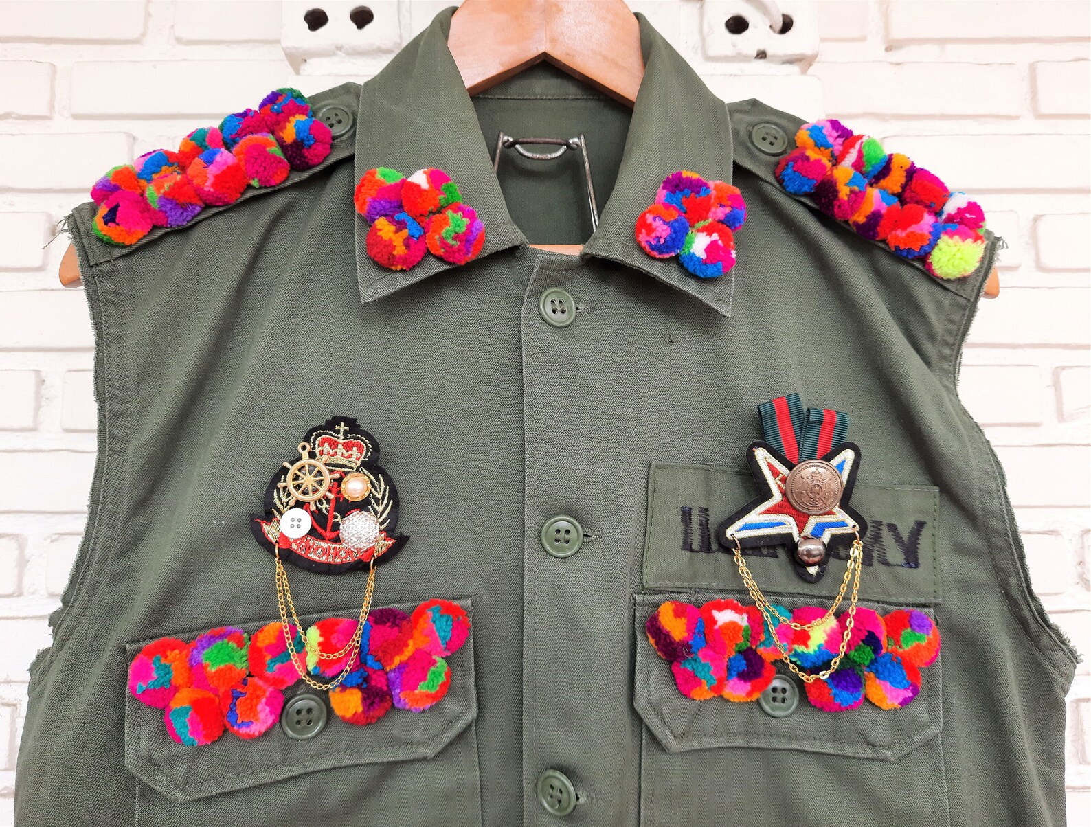 Upcycled Vest Green Army With Pom Pom / Reworked Vintage Vest Cut off ...
