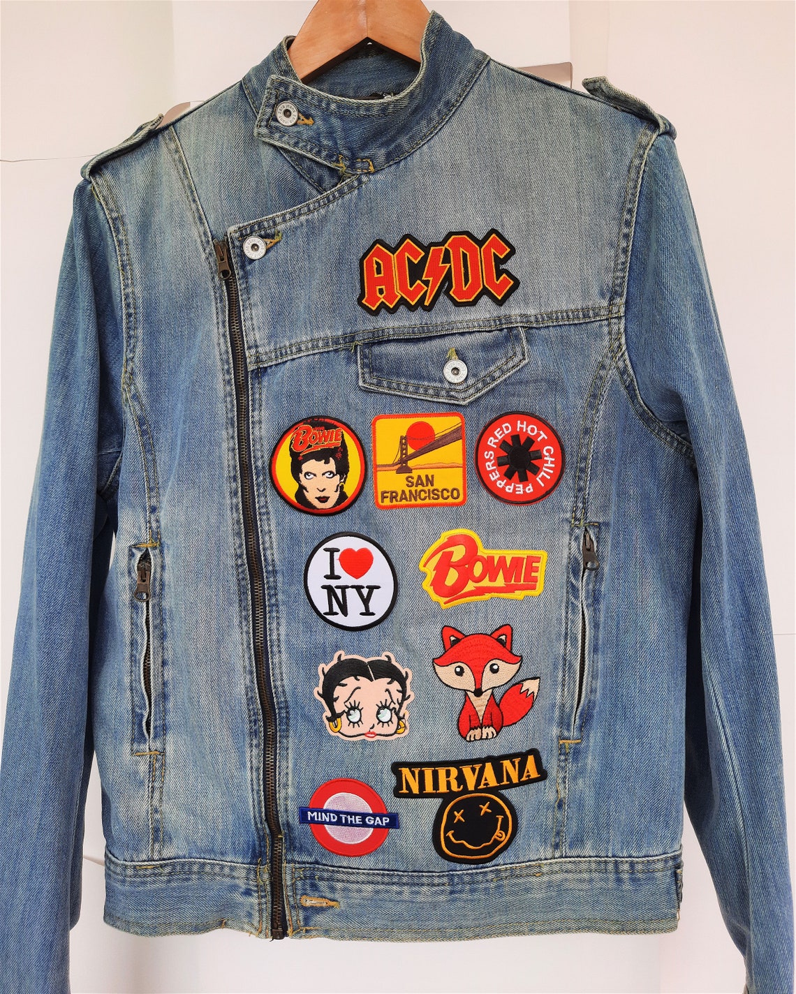 Upcycled Biker Denim Jacket With Patches / Reworked Vintage Biker Denim ...