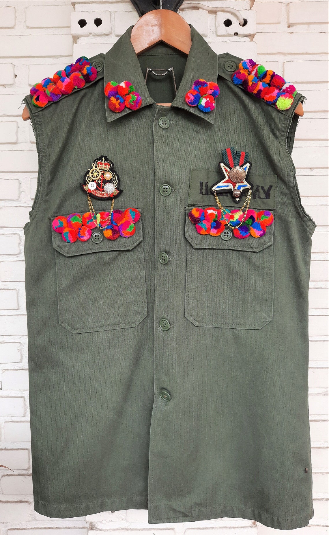 Upcycled Vest Green Army With Pom Pom / Reworked Vintage Vest Cut off ...