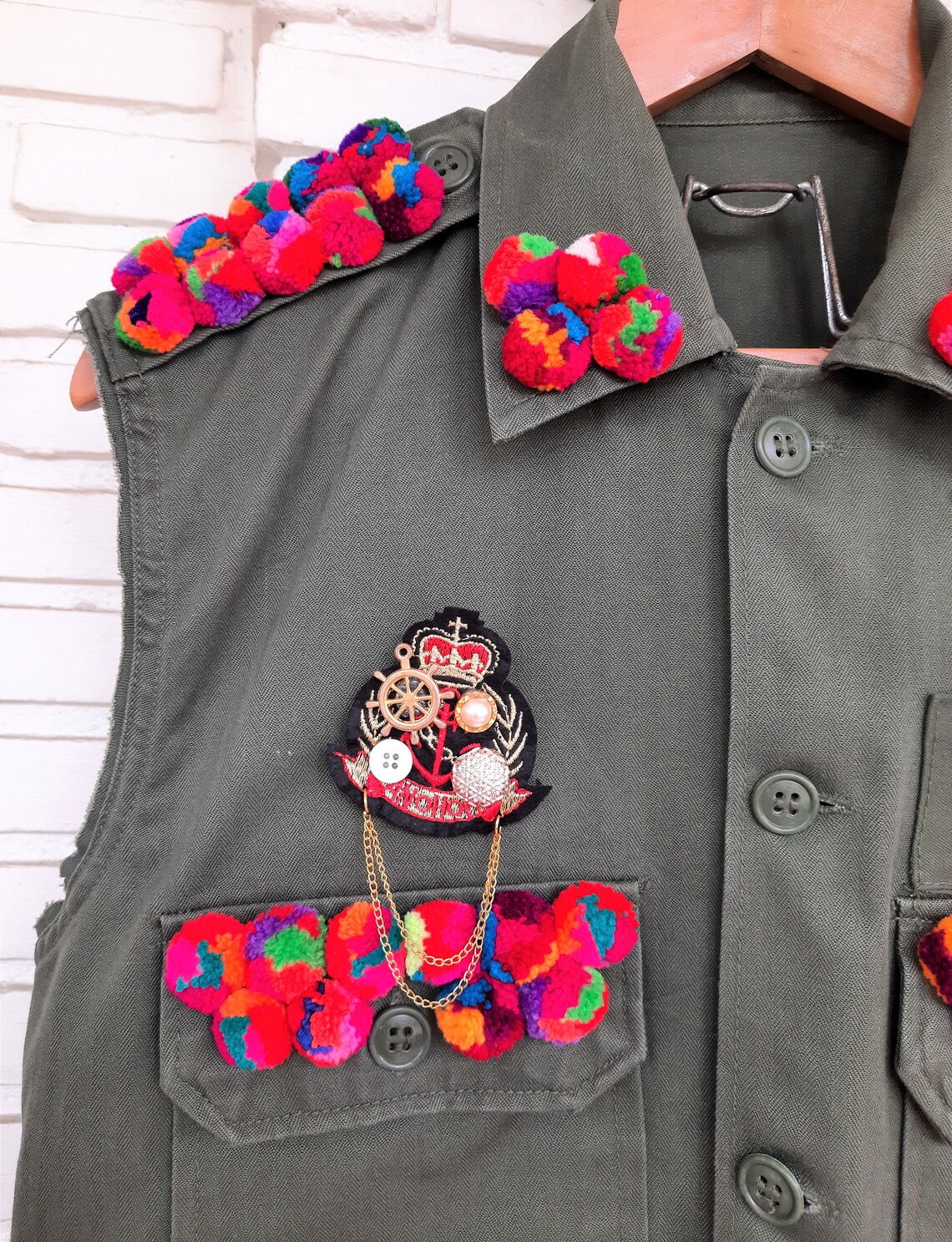 Upcycled Vest Green Army With Pom Pom / Reworked Vintage Vest Cut off ...