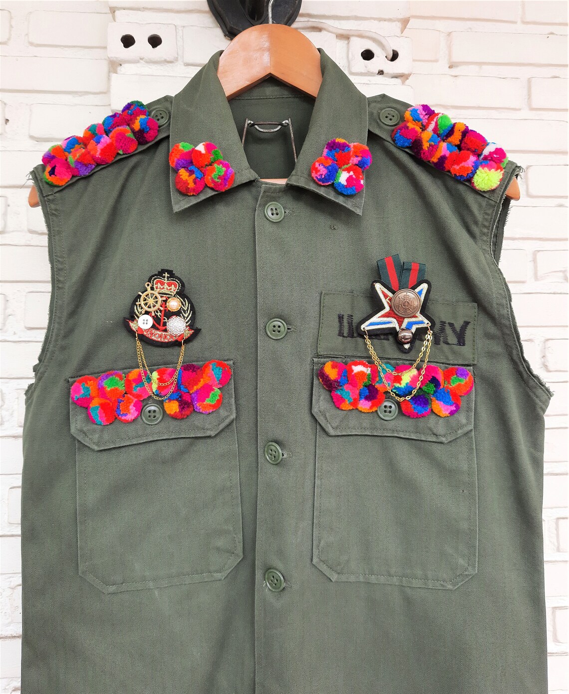 Upcycled Vest Green Army With Pom Pom / Reworked Vintage Vest Cut off ...