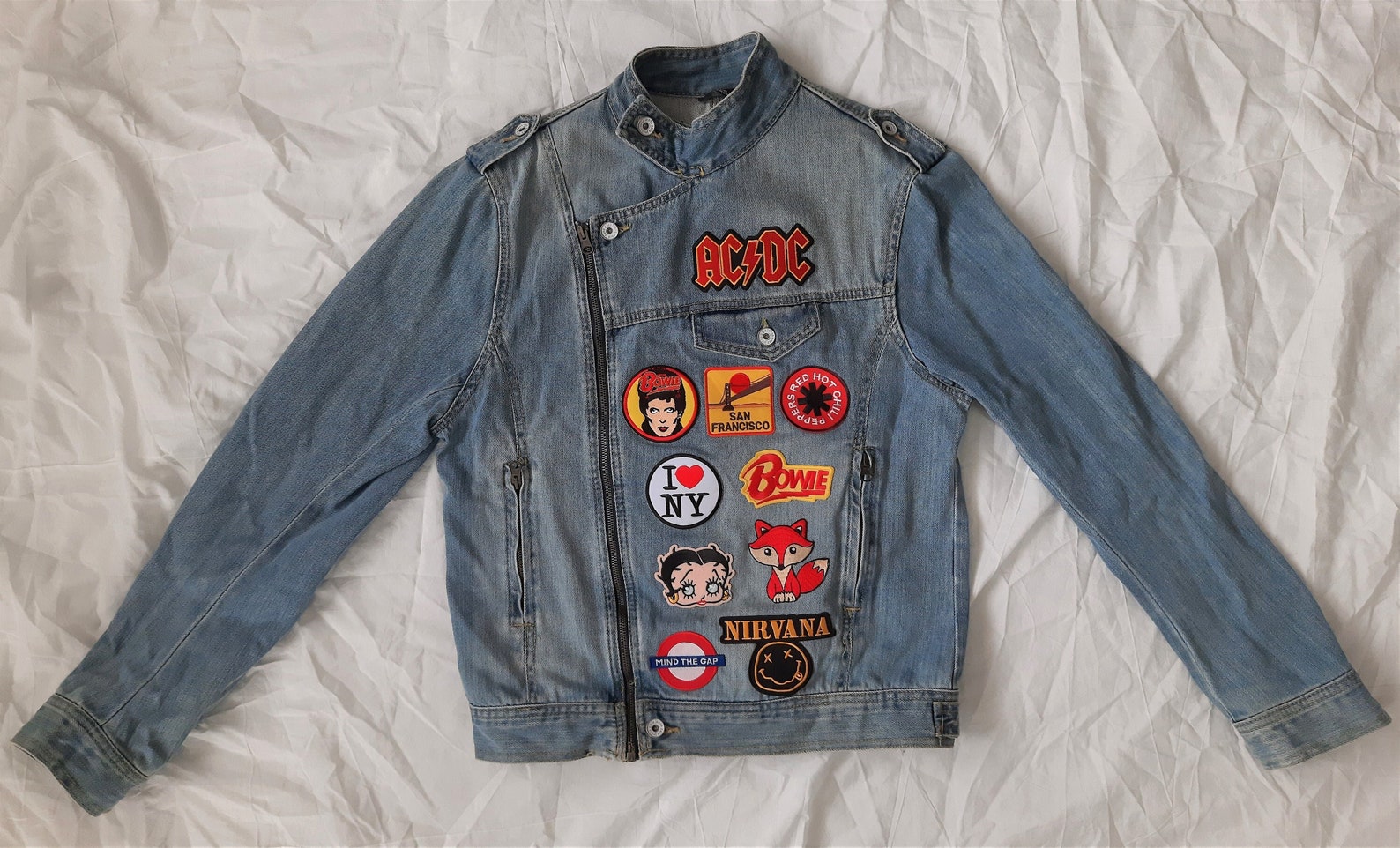 Upcycled Biker Denim Jacket With Patches / Reworked Vintage Biker Denim ...