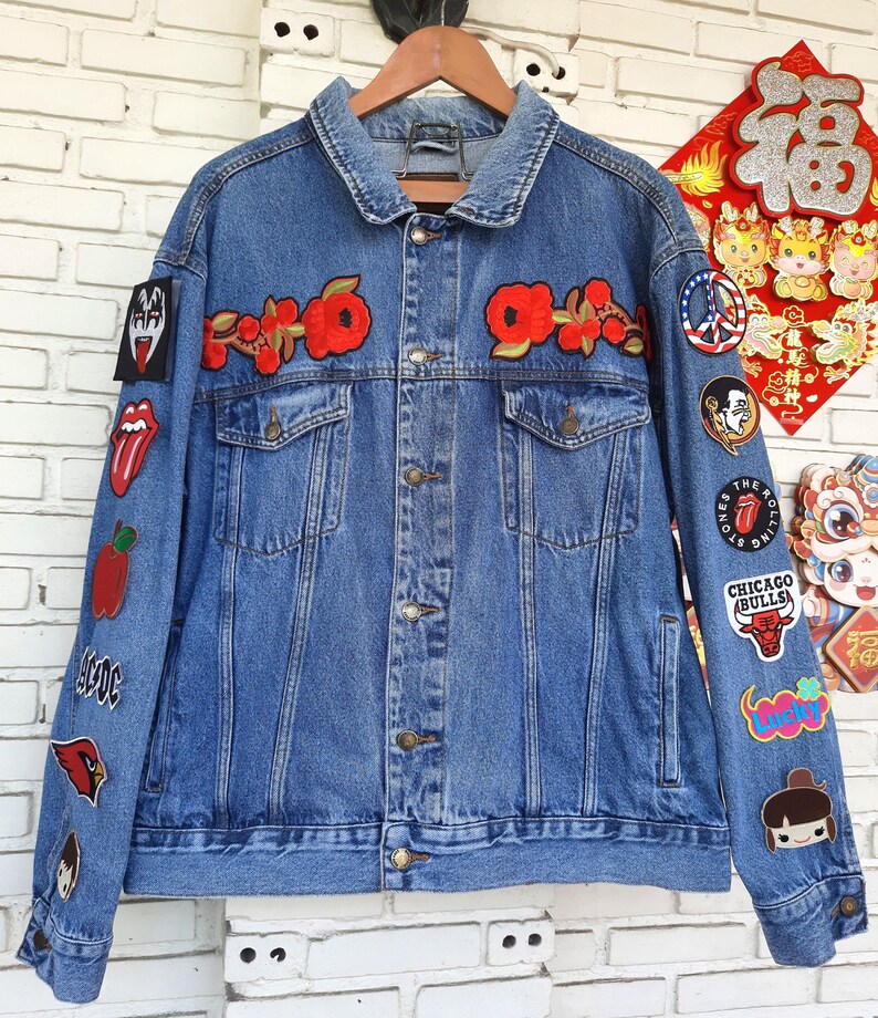 Patched Jean Jacket / Upcycled Oversized Jean Jacket With Patches ...