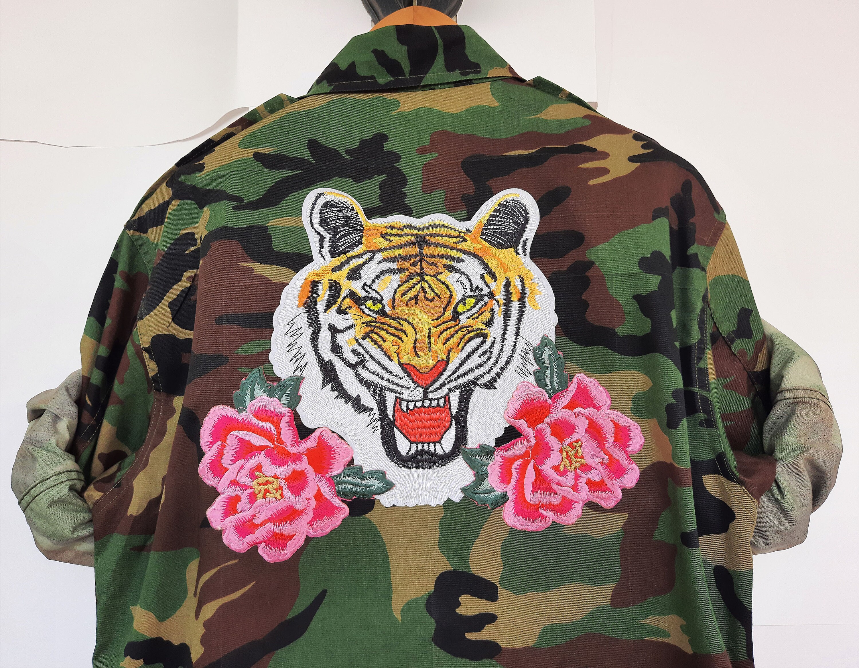 Tiger and Flower Camo Jacket / Upcycled Camo Jacket With Patches ...