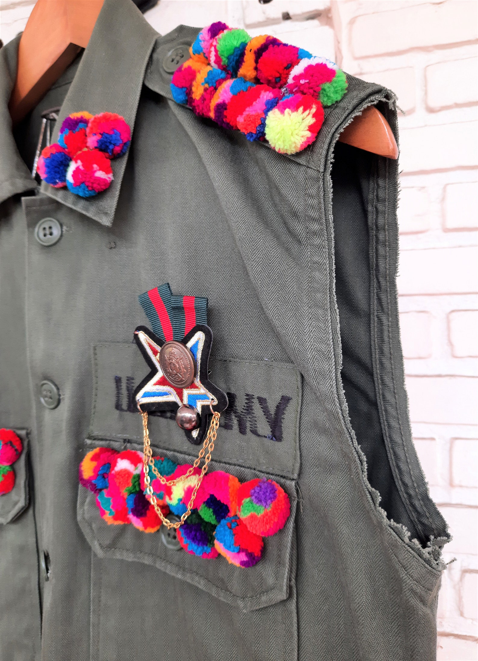 Upcycled Vest Green Army With Pom Pom / Reworked Vintage Vest Cut off ...