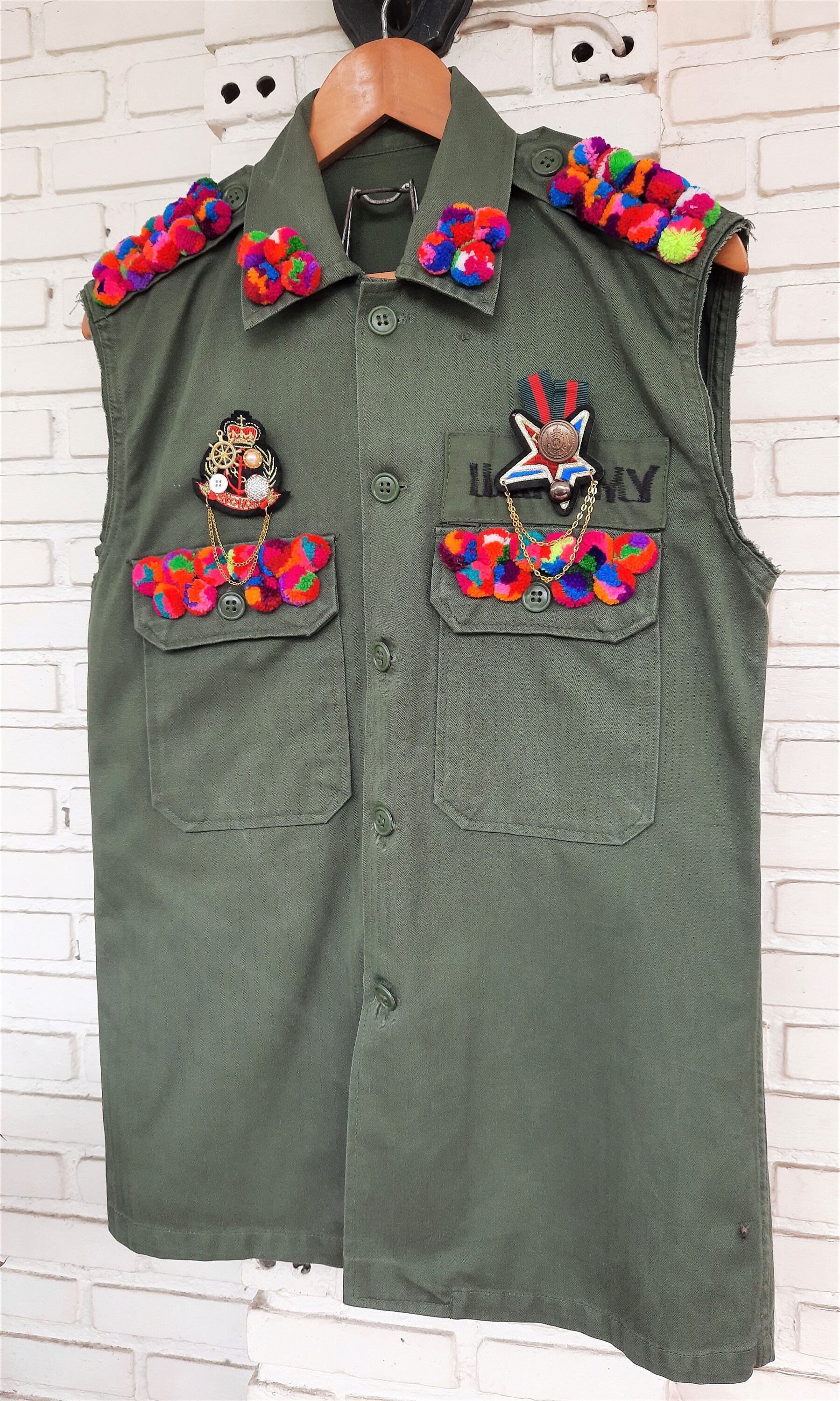 Upcycled Vest Green Army With Pom Pom / Reworked Vintage Vest Cut off ...