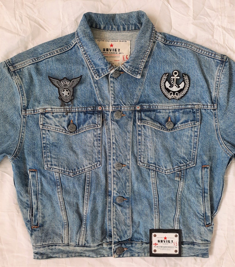 Patched Denim Jacket / Upcycled Jean Jacket with Patches / | Etsy