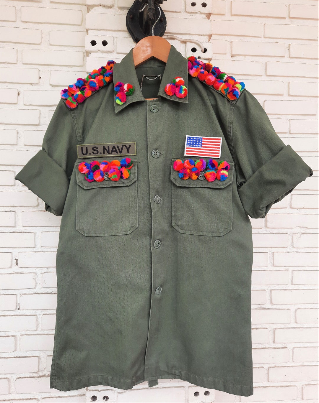 Upcycled Green Army Jacket With Patches and Pom Pom / Reworked Vintage ...