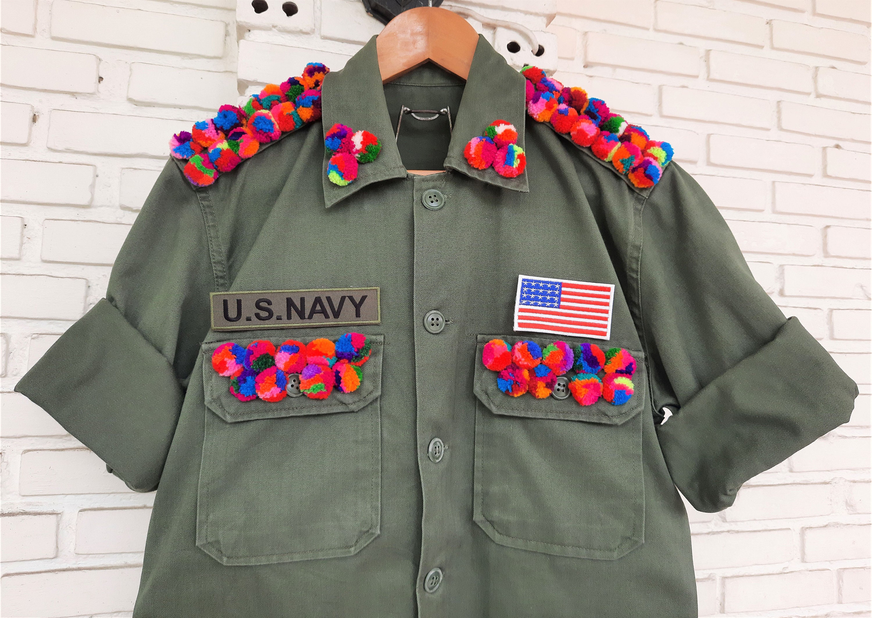 Upcycled Military Jacket With Pom-poms: Reworked Vintage Fashion, Size ...