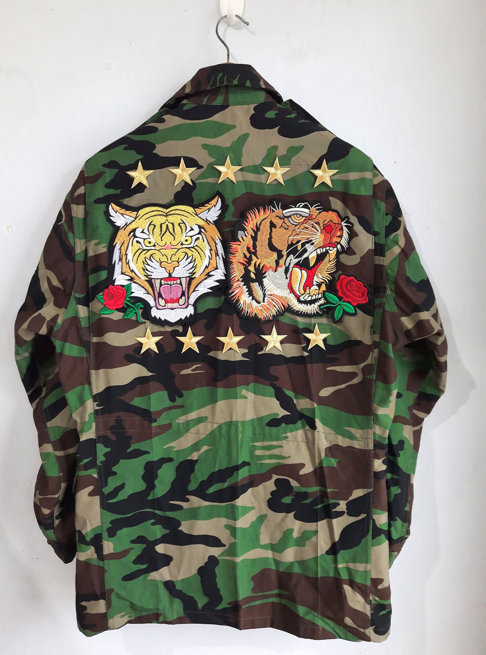 Reworked Camo Jacket: Embroidered Tiger Patches, Upcycled Military ...