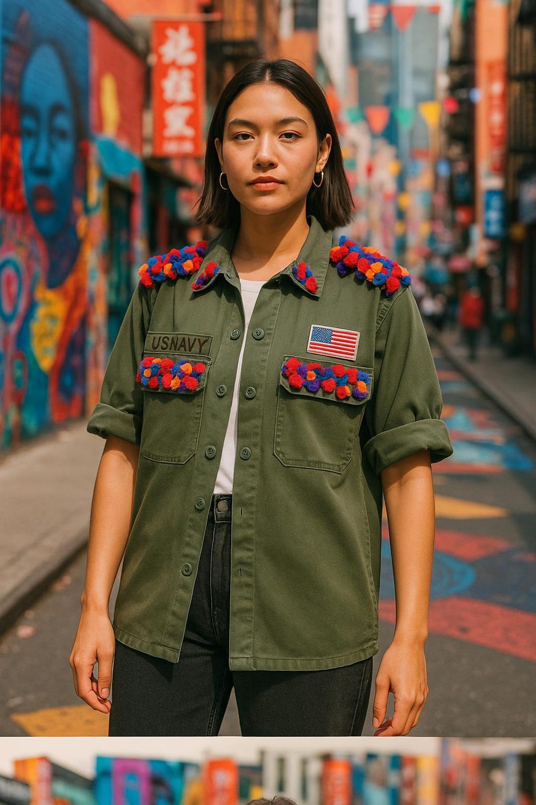 Upcycled Military Jacket With Pom-poms: Reworked Vintage Fashion, Size ...