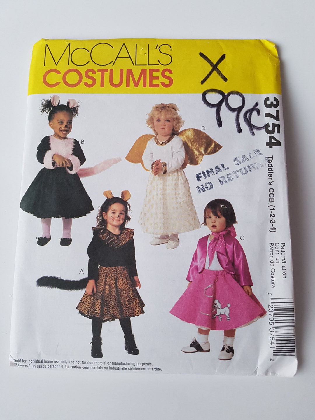 Mccall's Costumes Sewing Pattern 3754 Toddlers' Costumes in Size 1, 2 ...