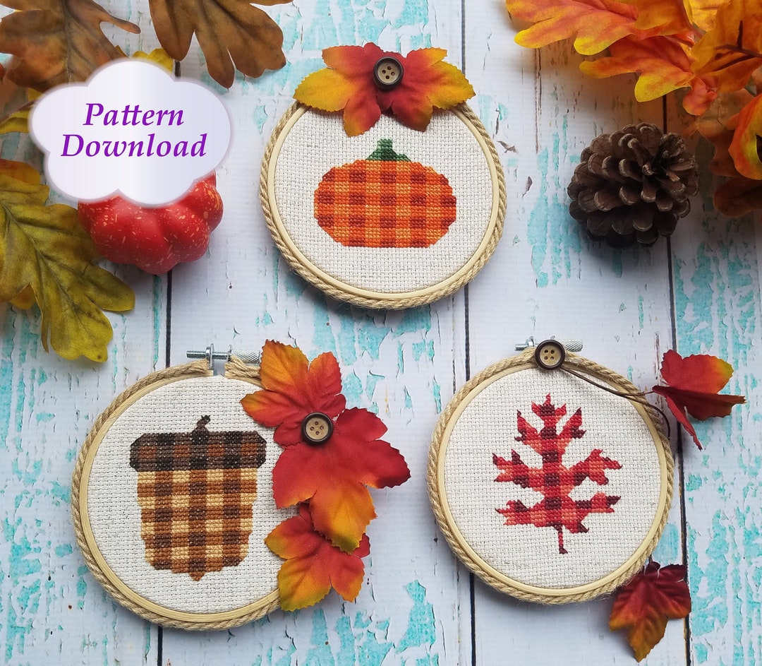 Plaid Autumn - Acorn, Pumpkin, Scarlet Oak Leaf - Cross-stitch Patterns ...