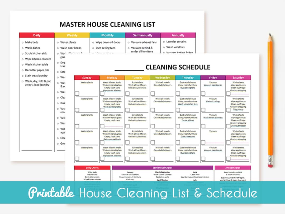 Printable Cleaning Schedule & Master House Cleaning List Package - Etsy