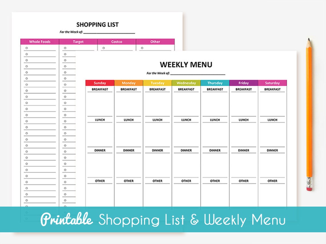 Printable Weekly Menu Planner & Shopping List Package - Etsy
